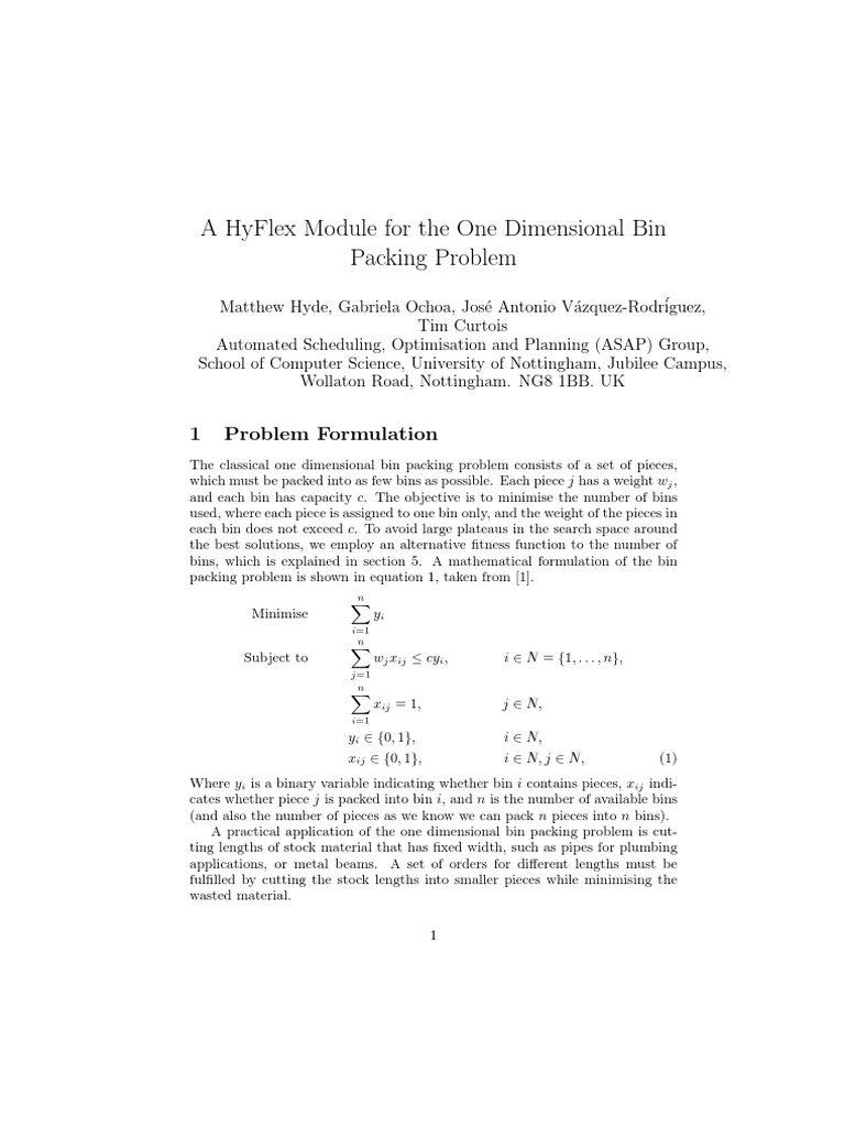 A Hyflex Module For The One Dimensional Bin Packing Problem | PDF ...