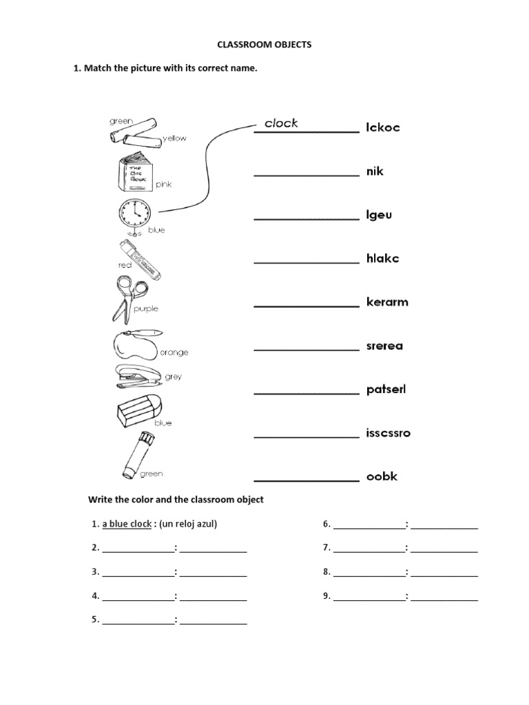 Classroom Objects Worksheet Activities | PDF | Teaching Methods & Materials