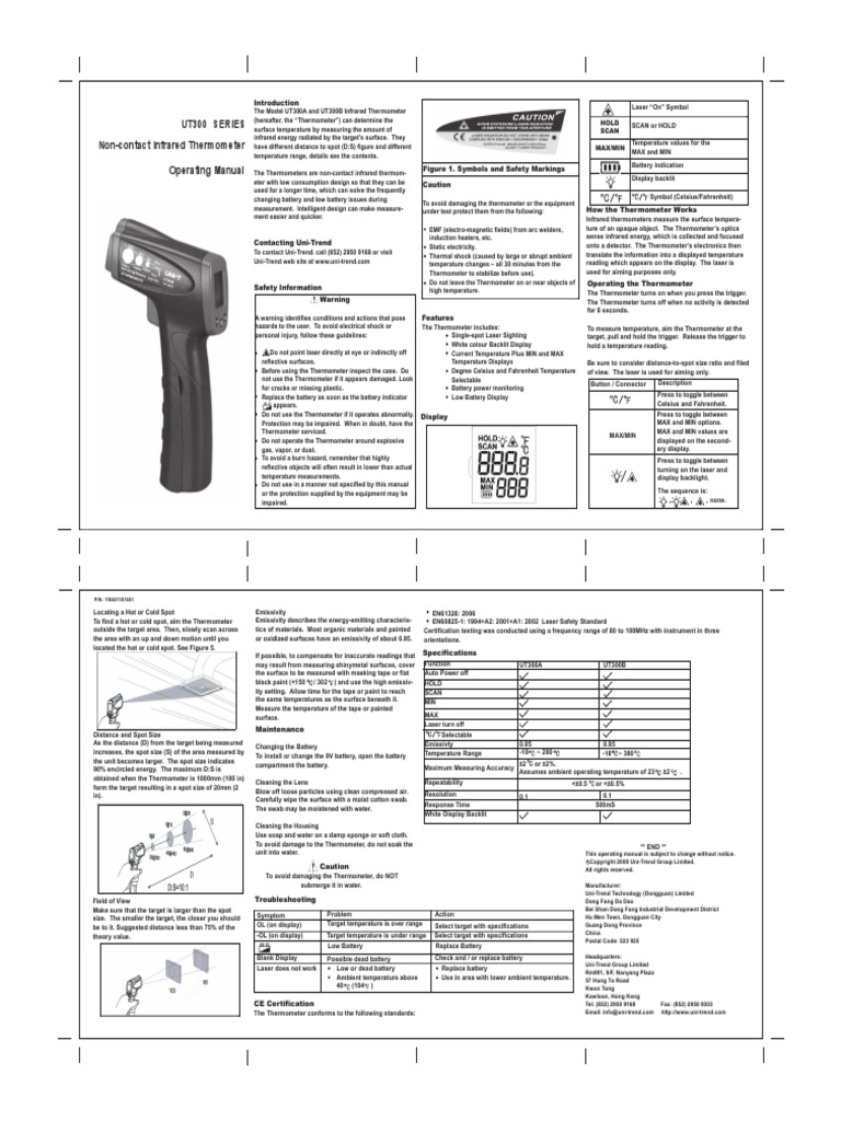 Infrared Thermometer Instruction Manual | Thermometer | Infrared