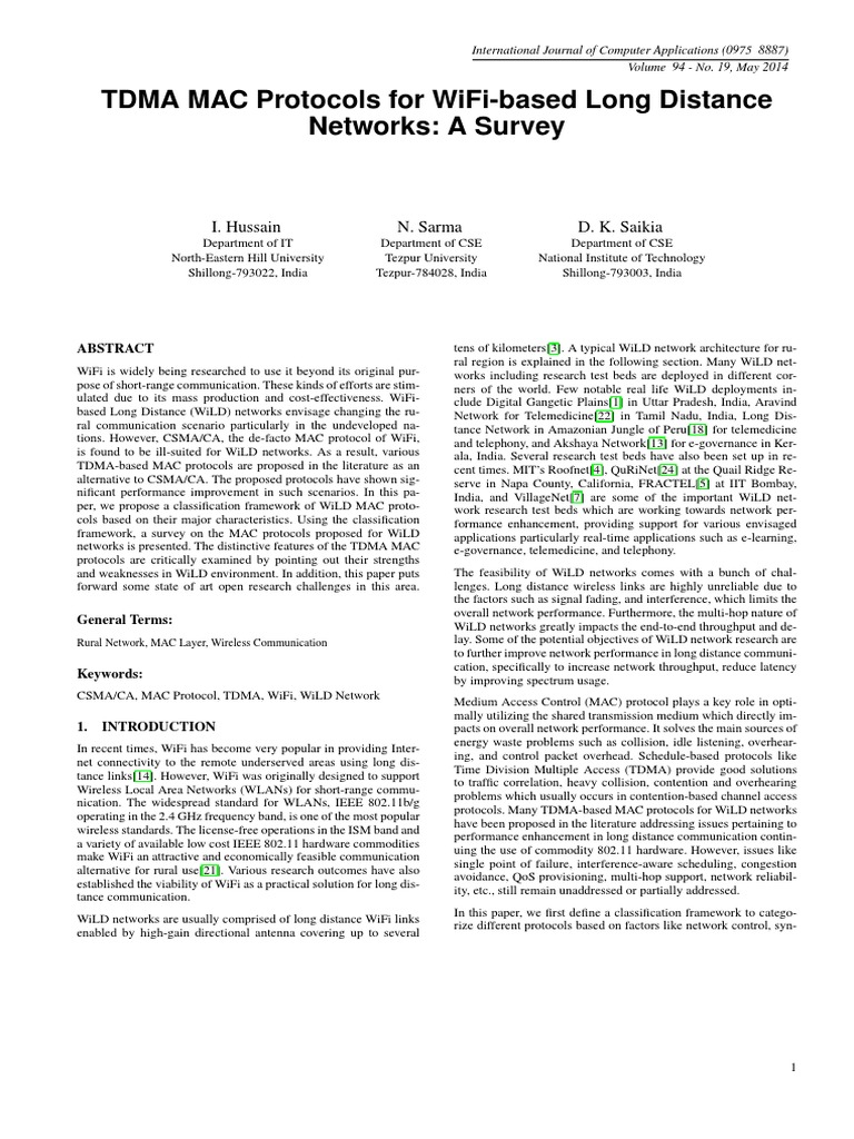 Tdma Mac Protocols For Wifi-Based Long Distance Networks: A Survey | Download Free PDF | Quality ...