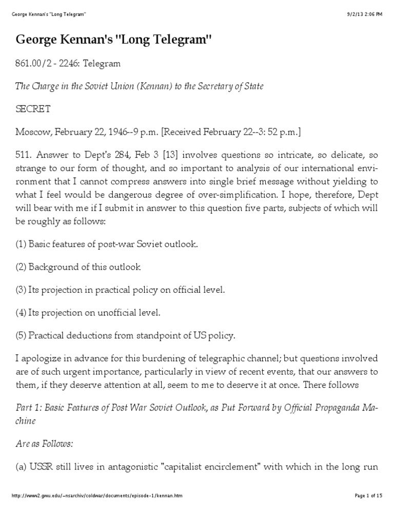 George Kennan's "Long Telegram": The Charge in The Soviet Union (Kennan ...