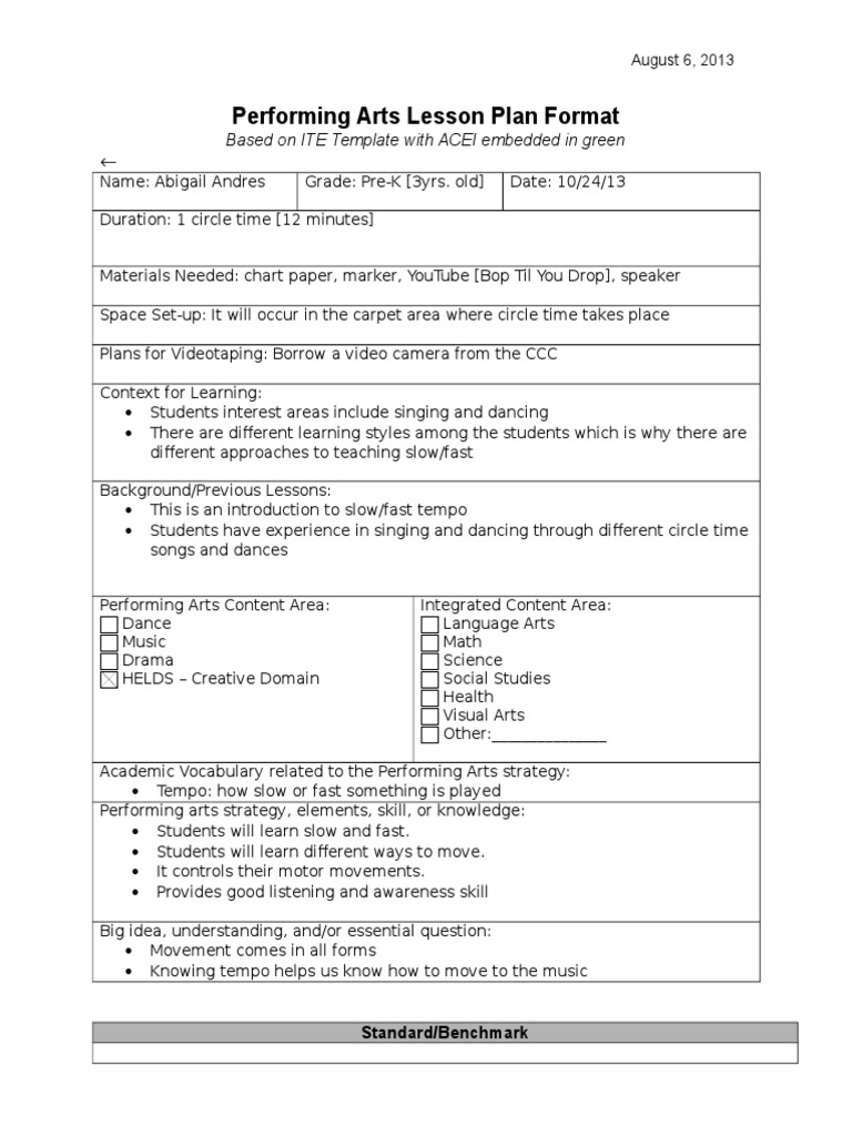 Performing Arts Lesson Plan Format: Based On ITE Template With ACEI ...