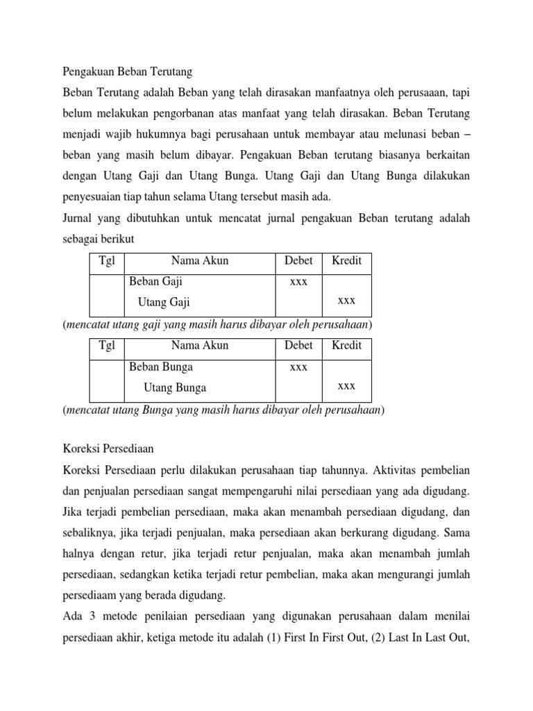 Pengakuan Beban Terutang Dan Koreksi Persediaan | PDF