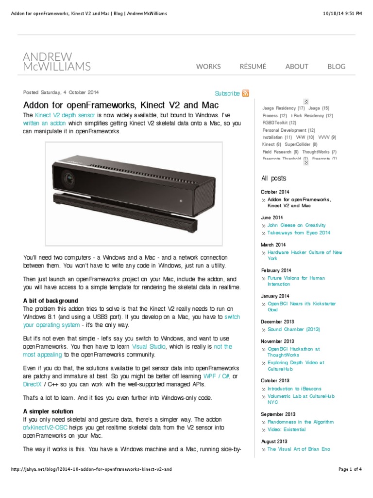 Addon For Openframeworks, Kinect V2 and Mac - Blog - Andrew McWilliams | PDF | Macintosh | Software