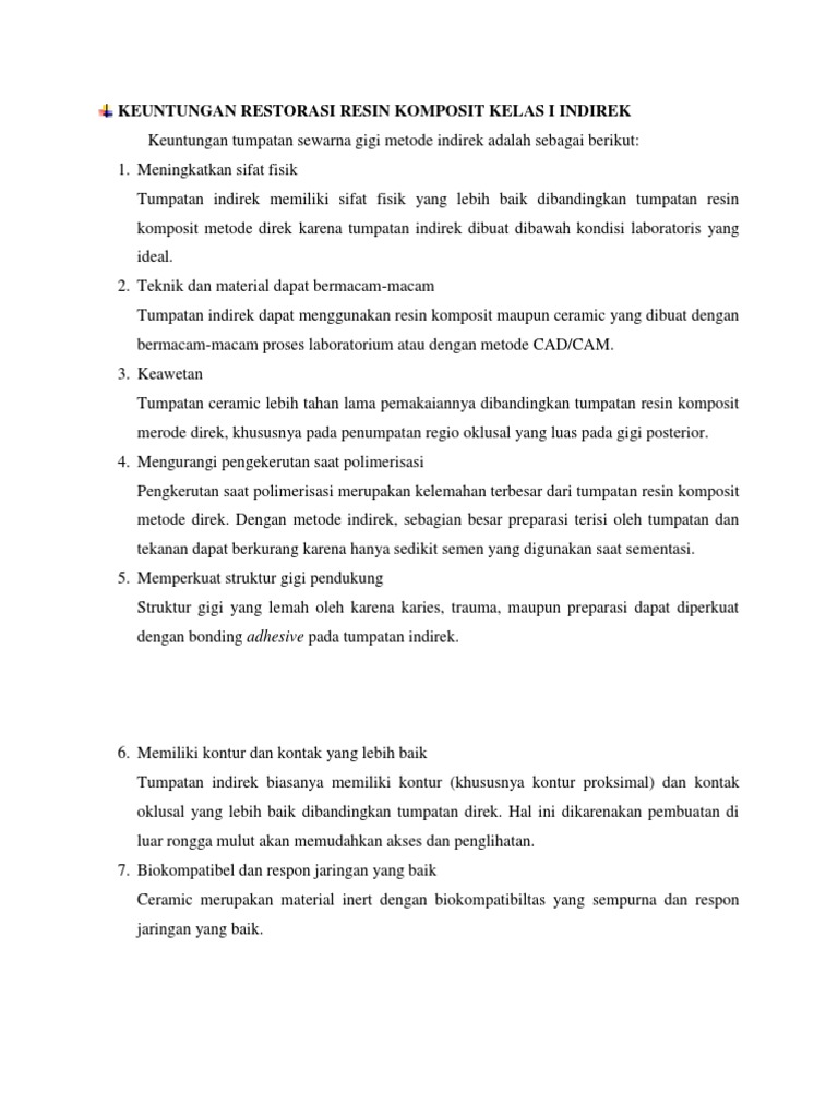 Keuntungan Restorasi Resin Komposit Kelas I Indirek | PDF | Teknologi & Rekayasa