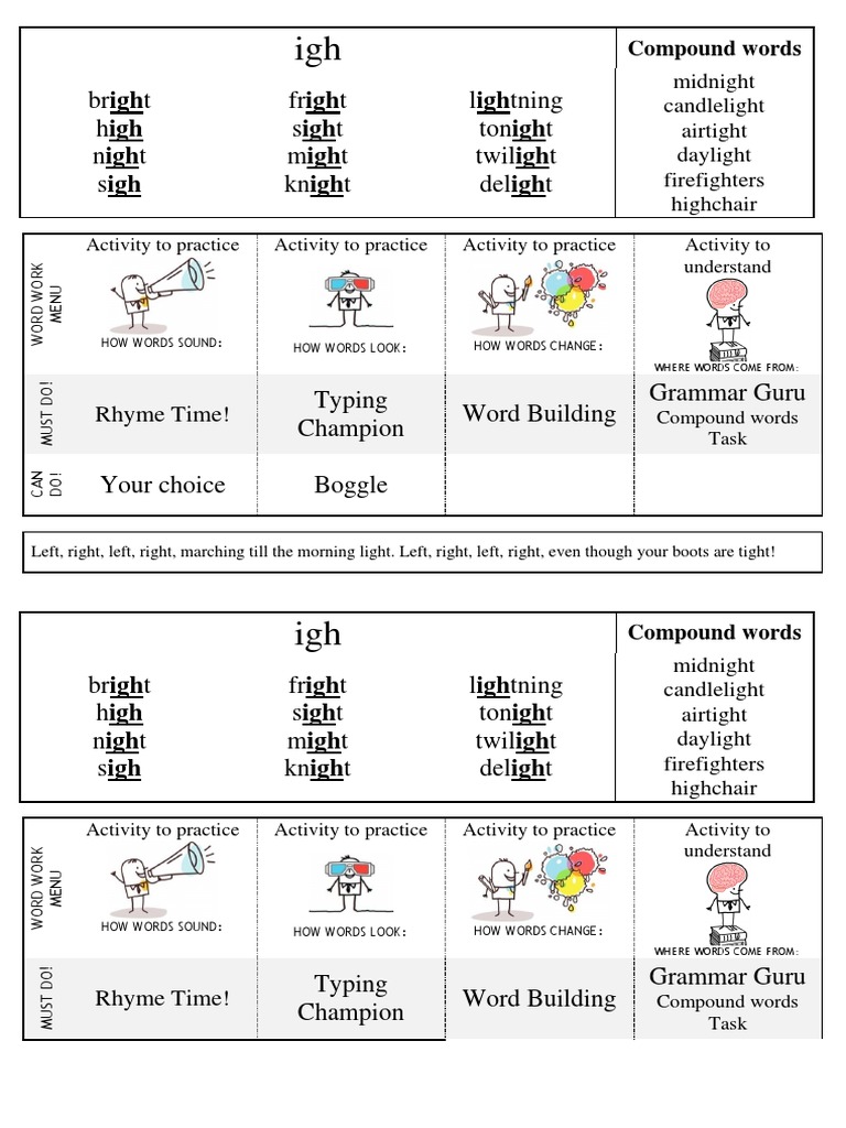 Word Work Menu T3Wk2 Igh & Compound Words | PDF