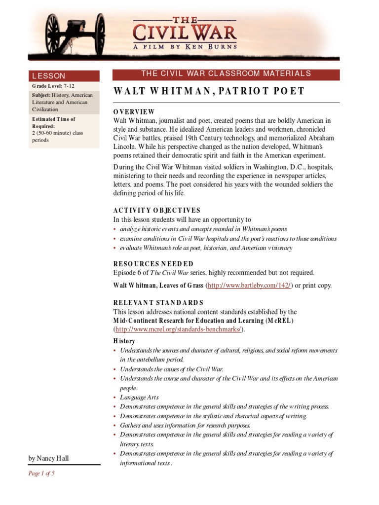 Walt Whitman, Patriot Poet: Lesson The Civil War Classroom Materials ...