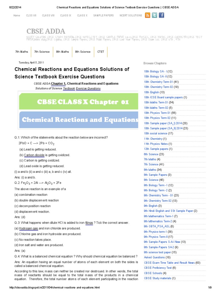 Chemical Reactions and Equations Solutions of Science Textbook Exercise ...
