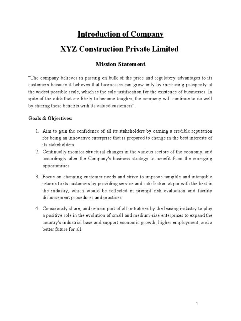 Introduction of Company XYZ Construction Private Limited: Mission ...