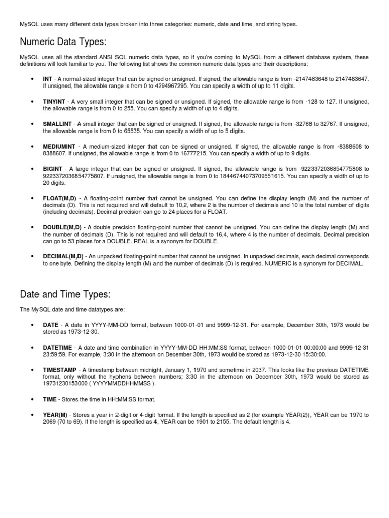 Data Types MySQL | PDF | Data Type | String (Computer Science)