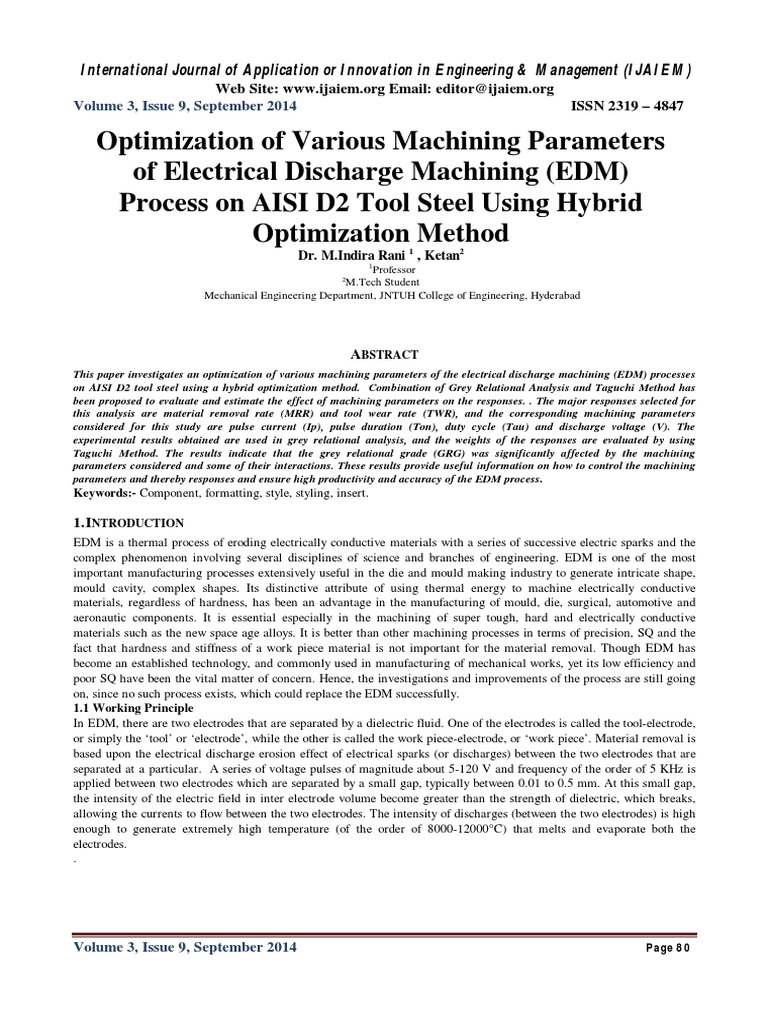 Optimization of Various Machining Parameters of Electrical Discharge ...