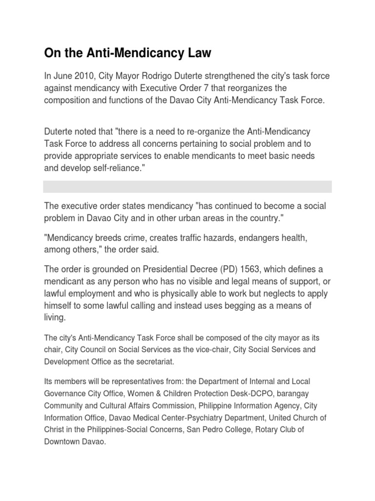 Anti Mendicancy Law | PDF | Rodrigo Duterte | Government