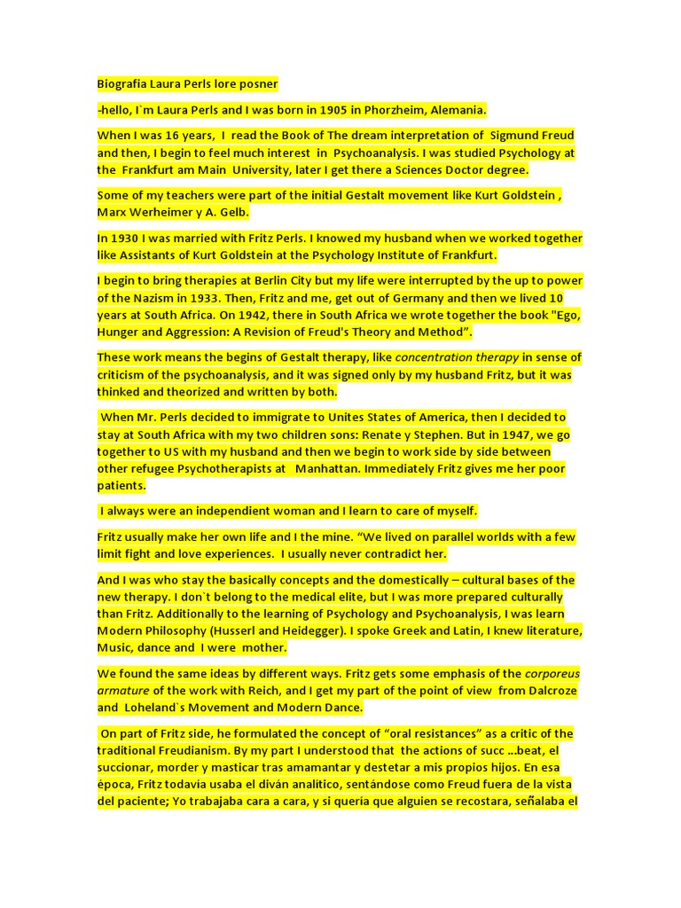 Biografia Laura Perls Lore Posner | PDF | Gestalt Therapy | Self Esteem