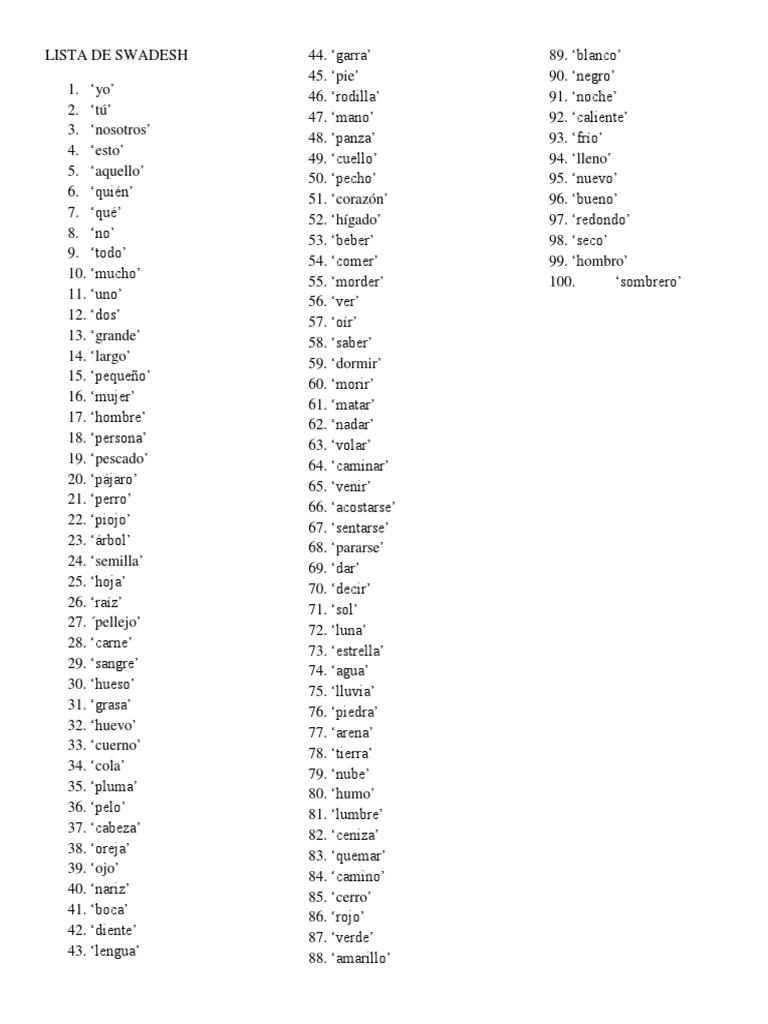 Lista de Swadesh PDF | Descargar gratis PDF | Deportes | Violencia