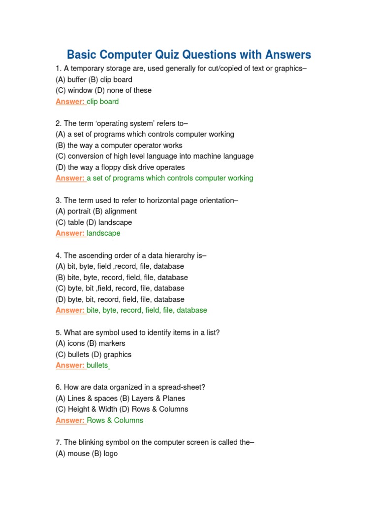 Basic Computer Quiz Questions With Answers Pdf C Programming Language Computer Network