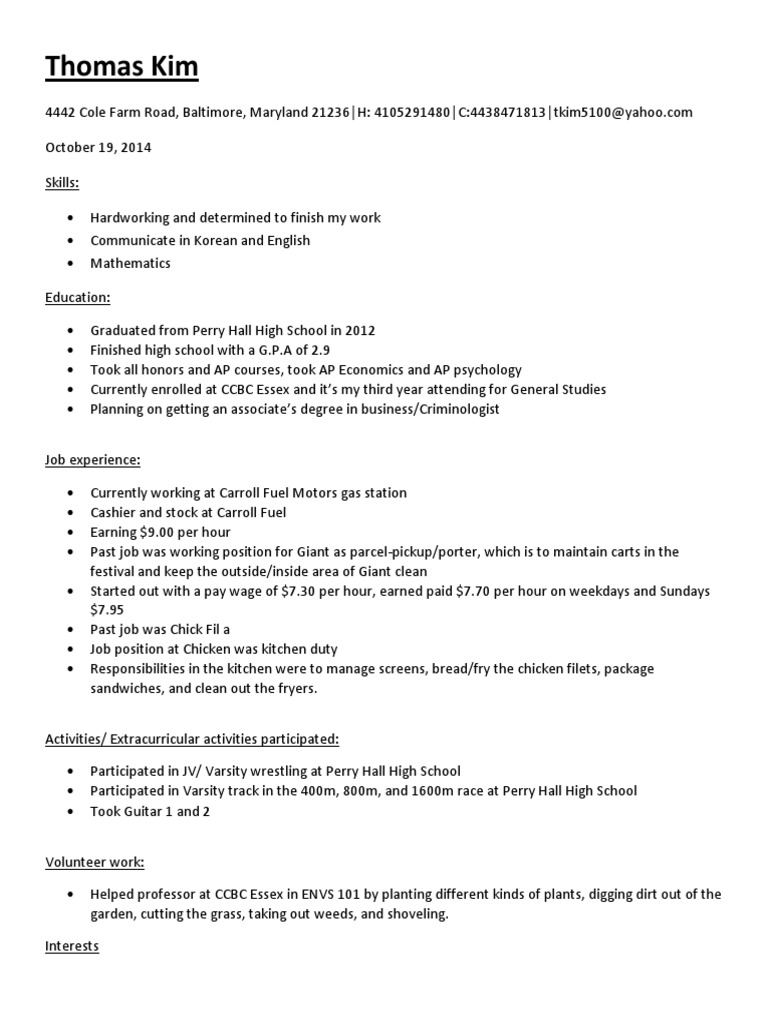 Thomas Kim's Resume - Maryland | PDF