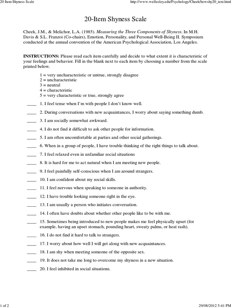 20 Item Shyness Scale | Shyness | Emotions