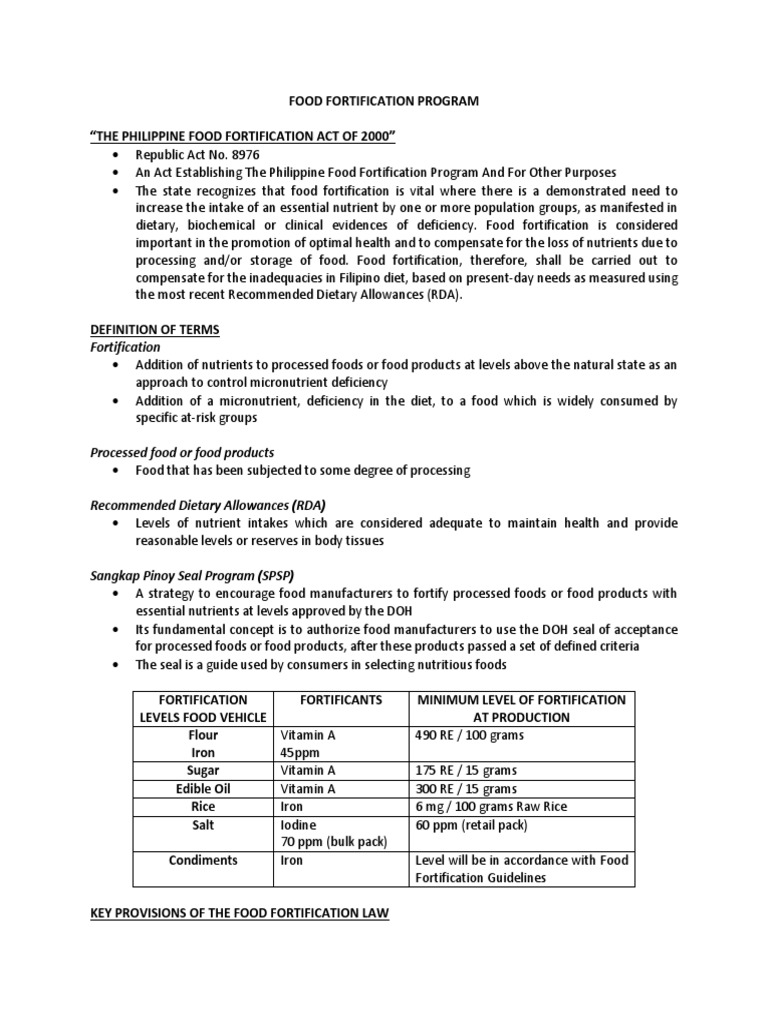 Philippine Food Fortification Overview | PDF | Micronutrient | Foods