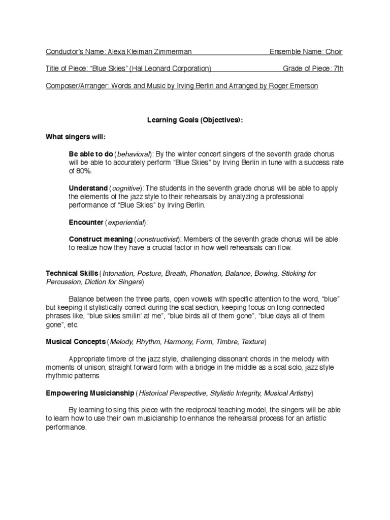 Blue Skies Lesson Plan | PDF | Singing | Conducting