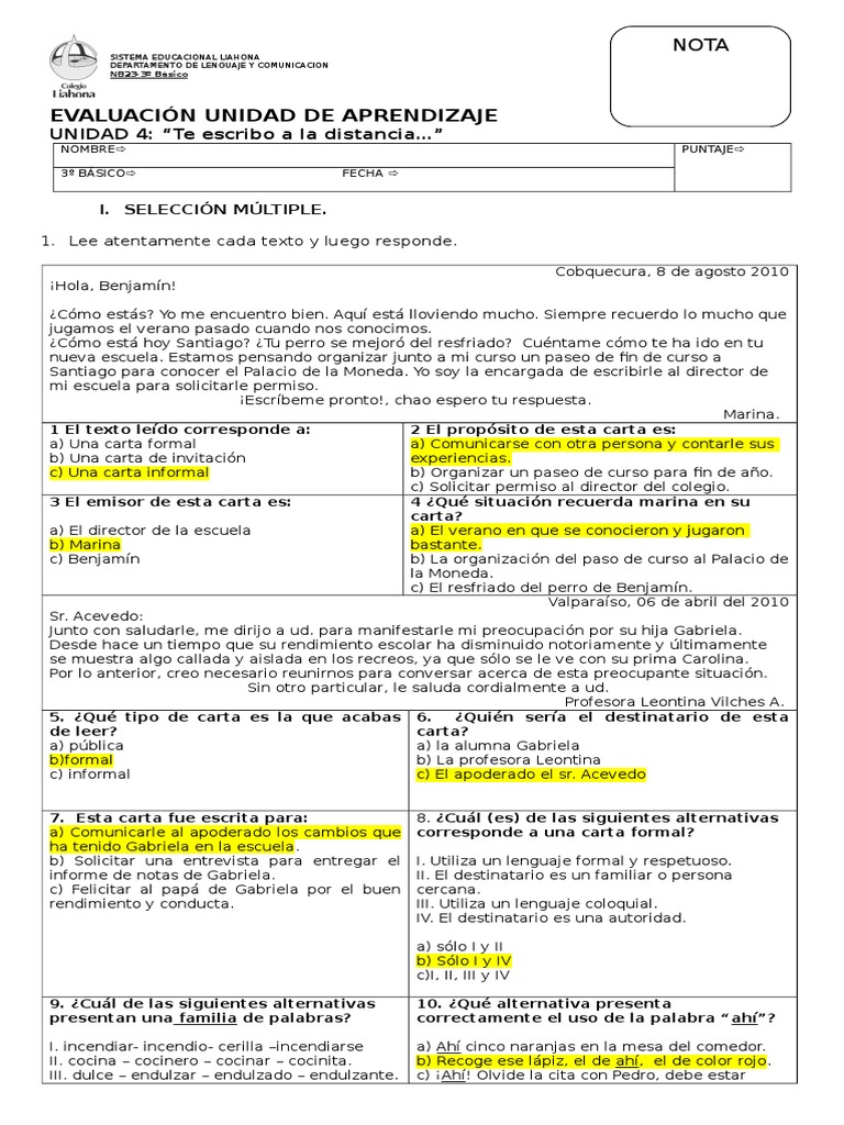 Evaluación de Lenguaje 3º Básico | PDF
