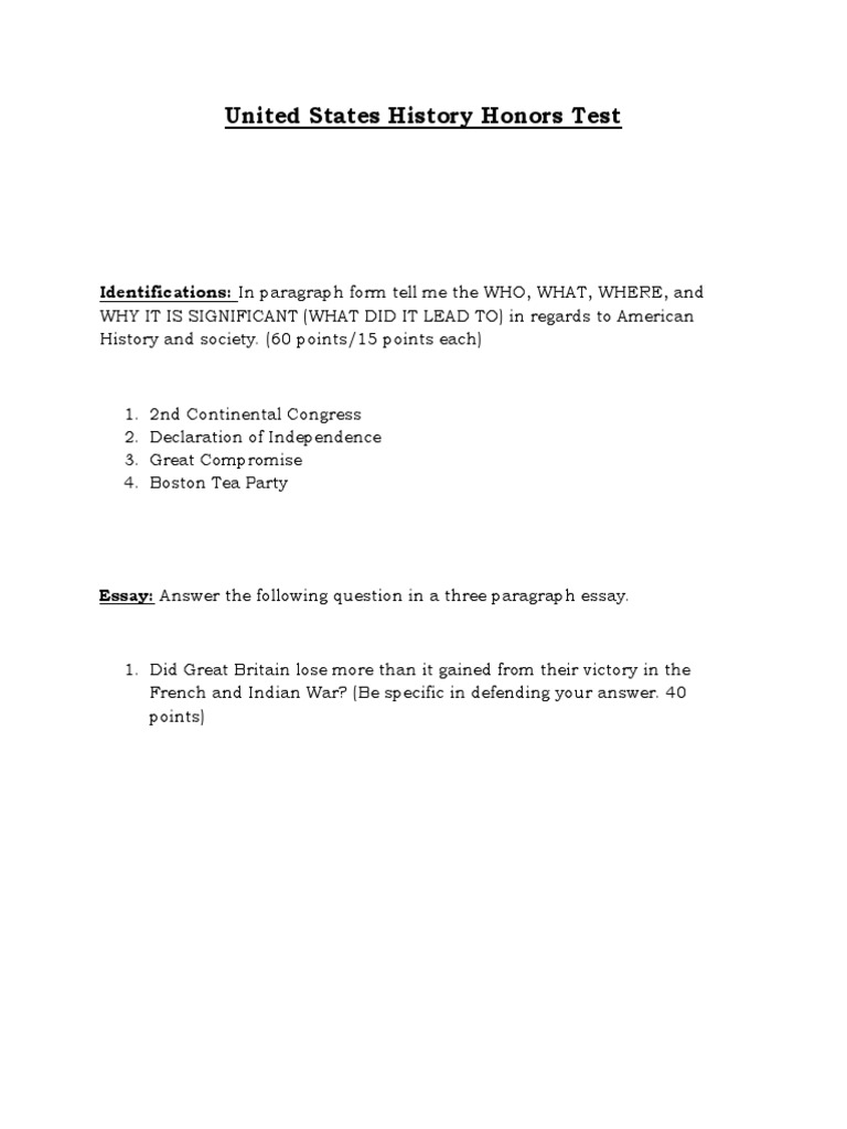 United States History Honors Test: Identifications: in Paragraph Form ...