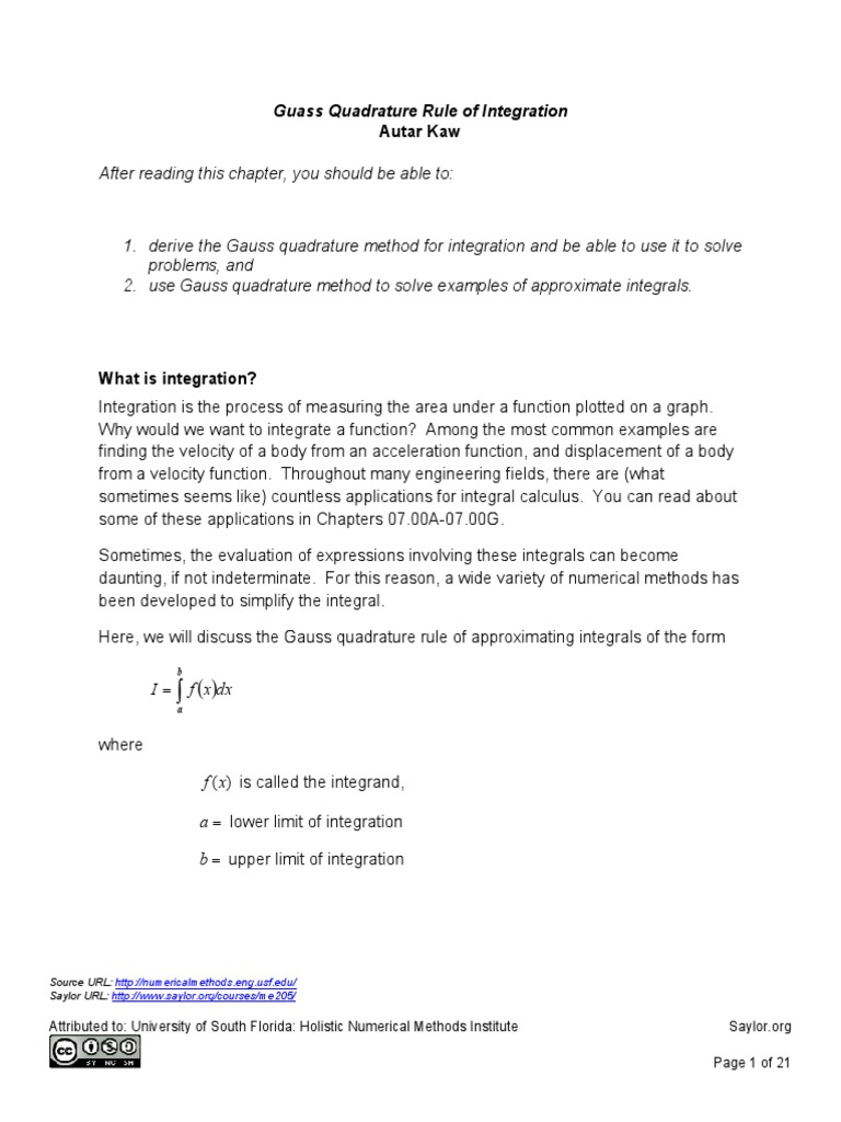 Guass Quadrature Rule Of Integration Pdf Integral Numerical Analysis
