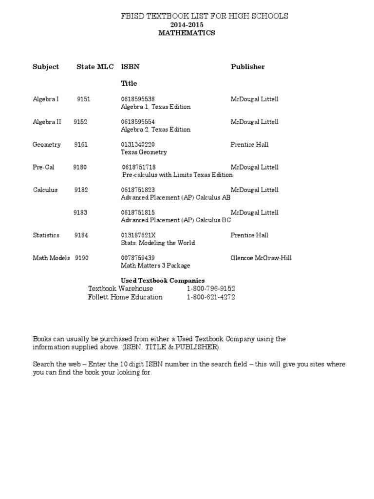 High School Textbook List | PDF | Textbook | Advanced Placement