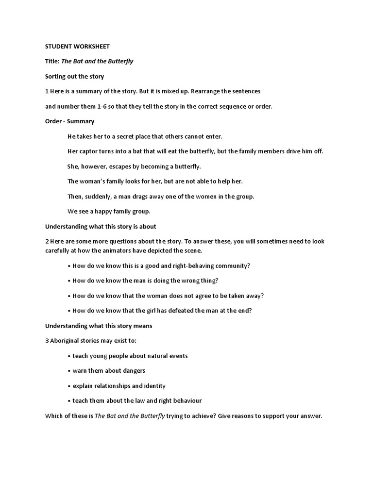 Story Sequencing Worksheet: Bat & Butterfly | PDF