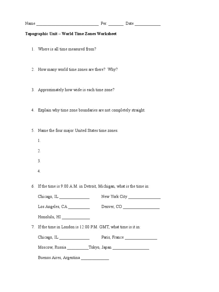 World Time Zones Worksheet | PDF