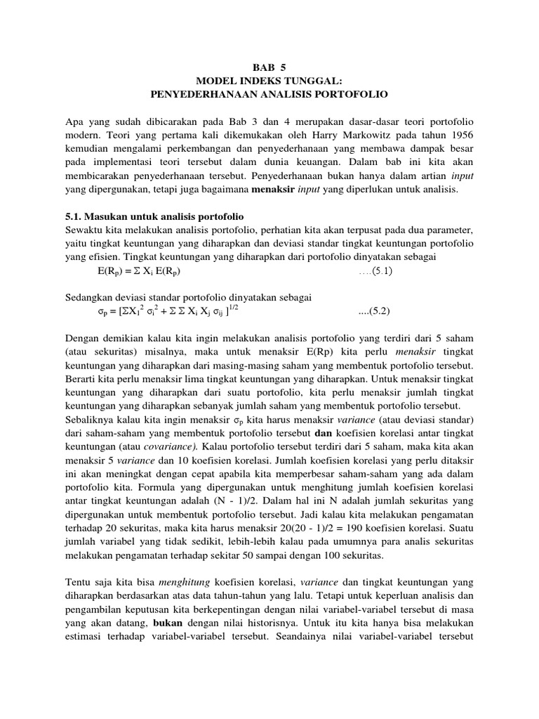 BAB 5 Model Indeks Tunggal | PDF | Pengelolaan Keuangan & Uang | Metode & Bahan Ajar