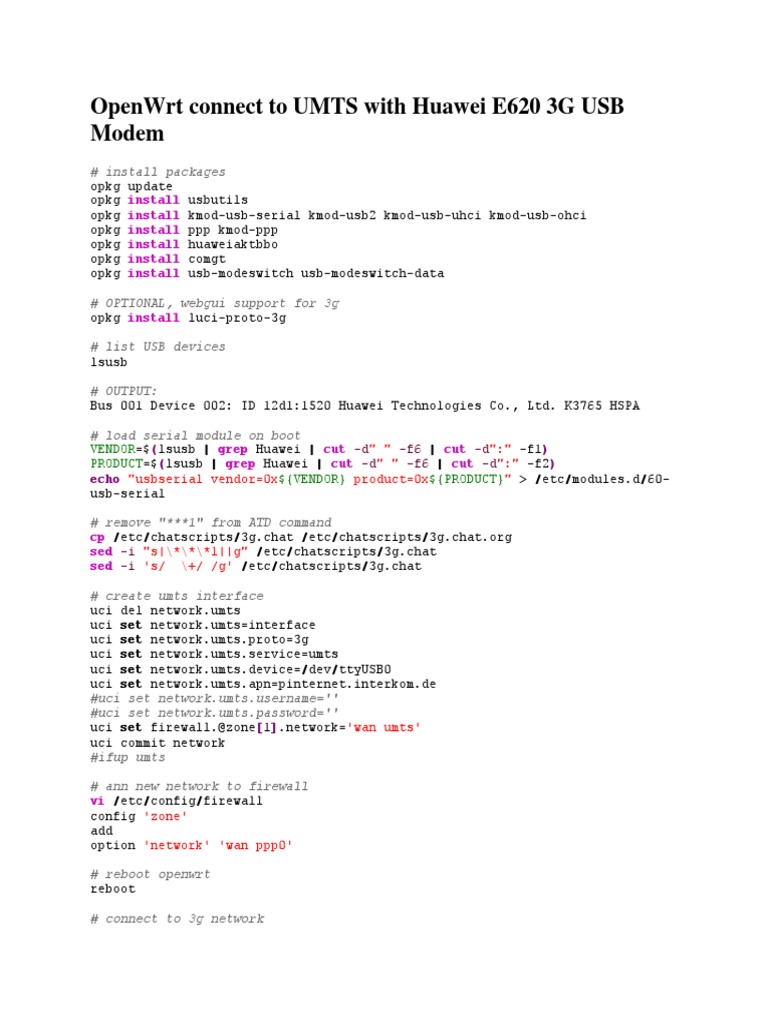 OpenWrt Setup for Huawei E620 Modem | PDF | Computer Networking | Telephony