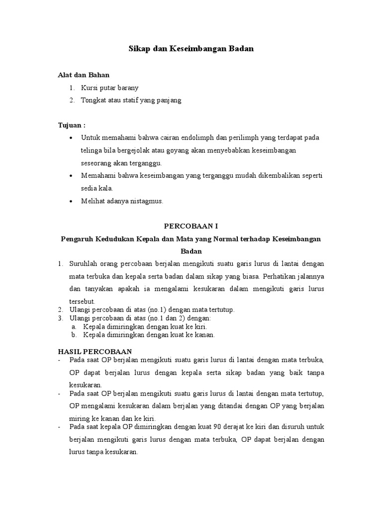 Keseimbangan Tubuh dan Fungsi Sistem Vestibular | PDF