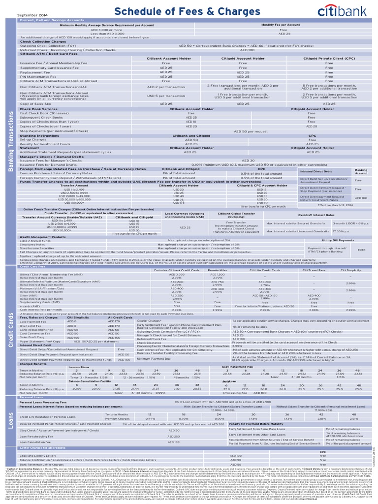 Citi Bank Savings Account Rates & Fees | PDF | Cheque | Financial ...