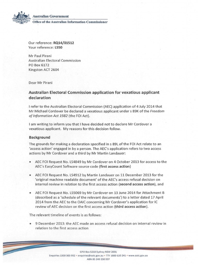 AEC Application For Vexatious Applicant Declaration MR Cordover RQ14 ...