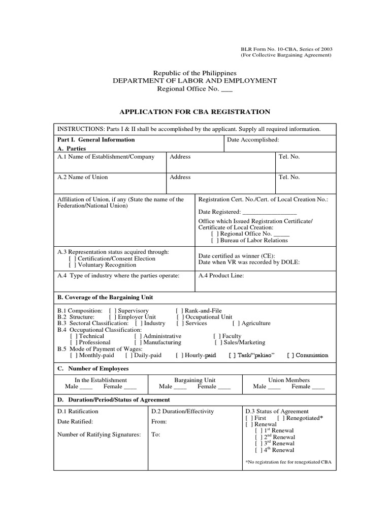 CBA Application Form (BLR Form No. 10-CBA, Series of 2003) | PDF ...