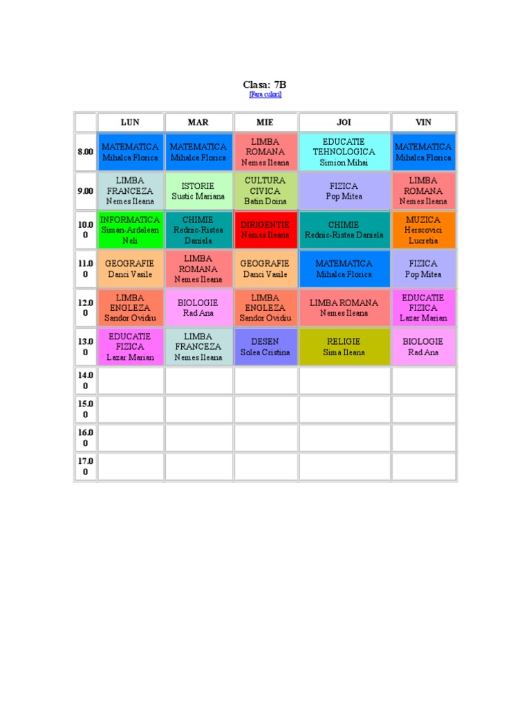 7B Class Weekly Schedule | PDF