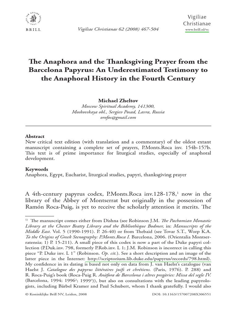The Anaphora and The Thanksgiving Prayer From The Barcelona Papyrus: An ...