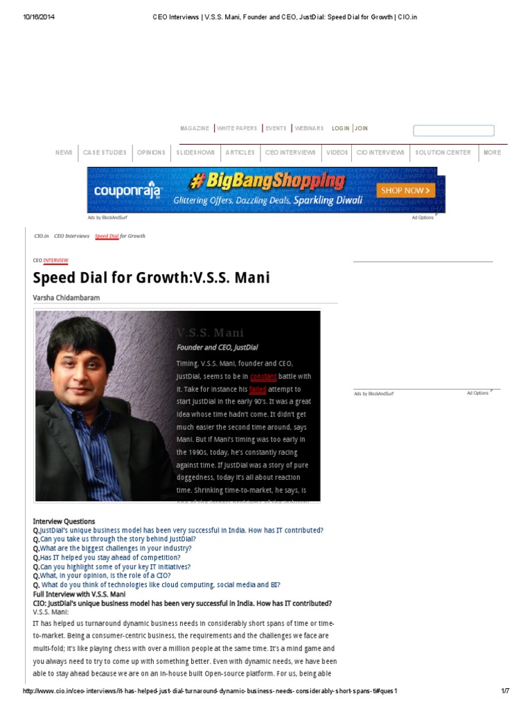 CEO Interviews - v.S.S. Mani, Founder and CEO, JustDial - Speed Dial ...