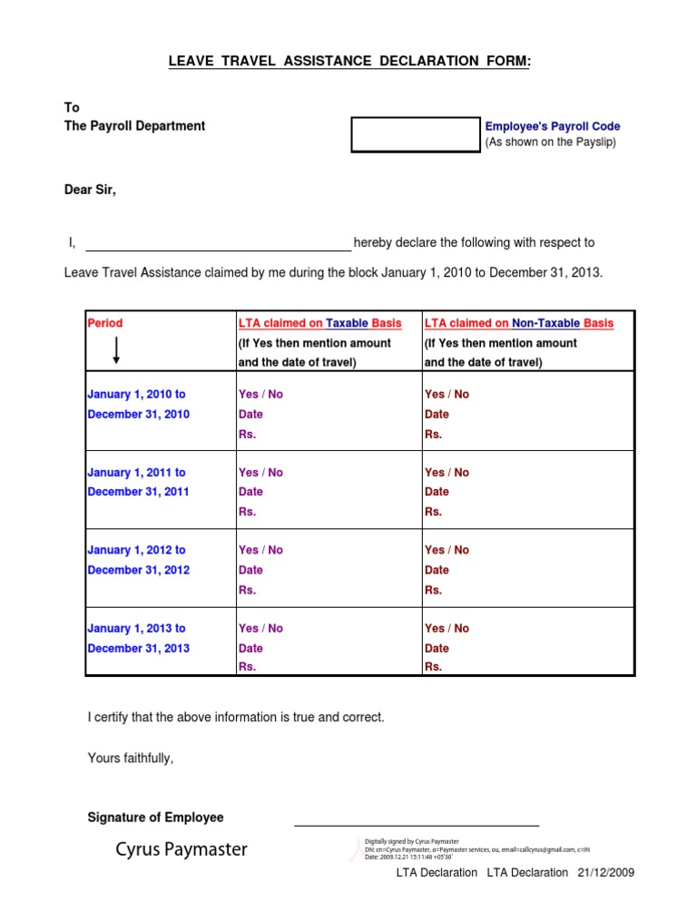 LTA Declaration Form Period Ended 31.dec.2013 | PDF