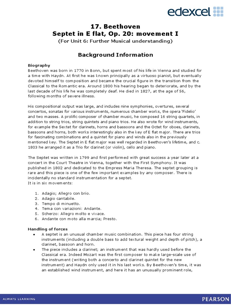 Unit 6 17 Beethoven Septet in E Flat Op 20 Movement I | PDF | Chamber ...