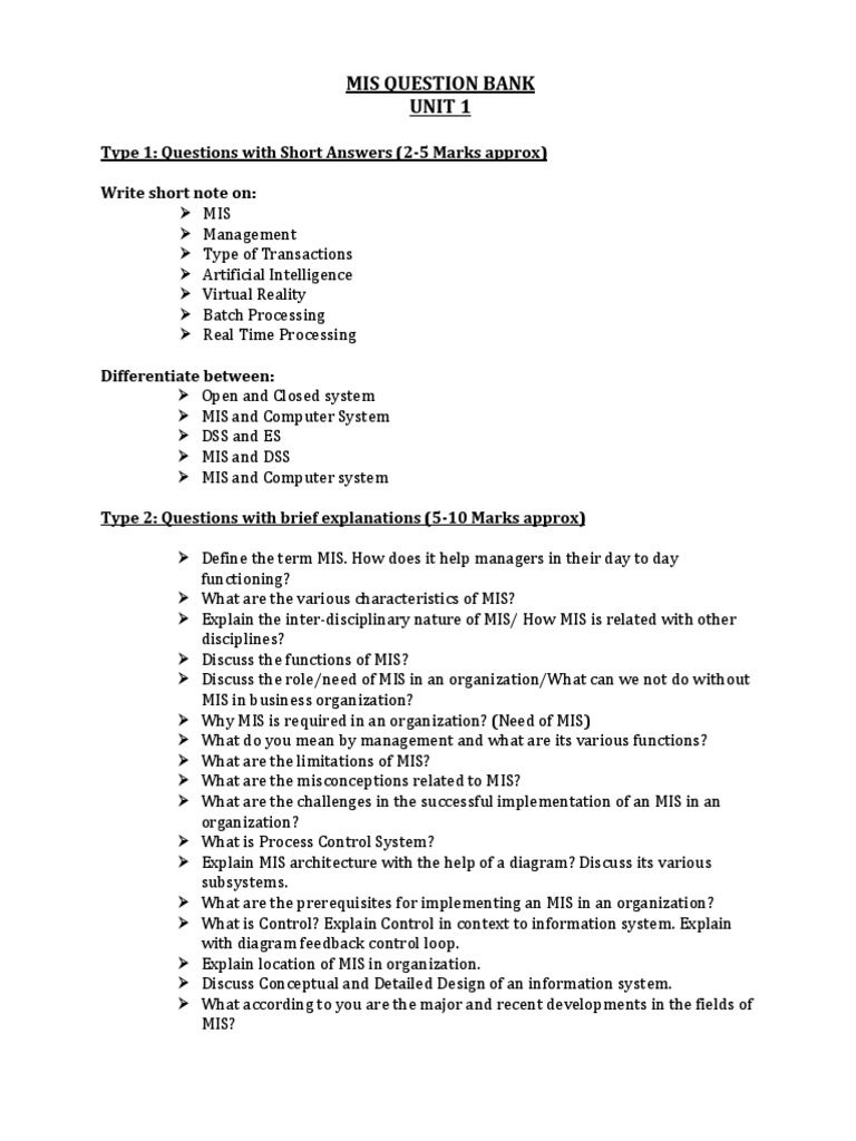 Mis Question Bank Unit 1: Type 1: Questions With Short Answers (2-5 ...