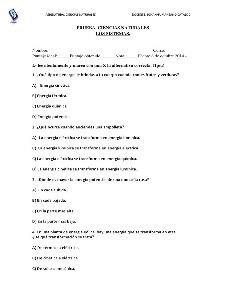 Prueba Ciencias Naturales 6 Basico La Energia | PDF | Energía cinética ...