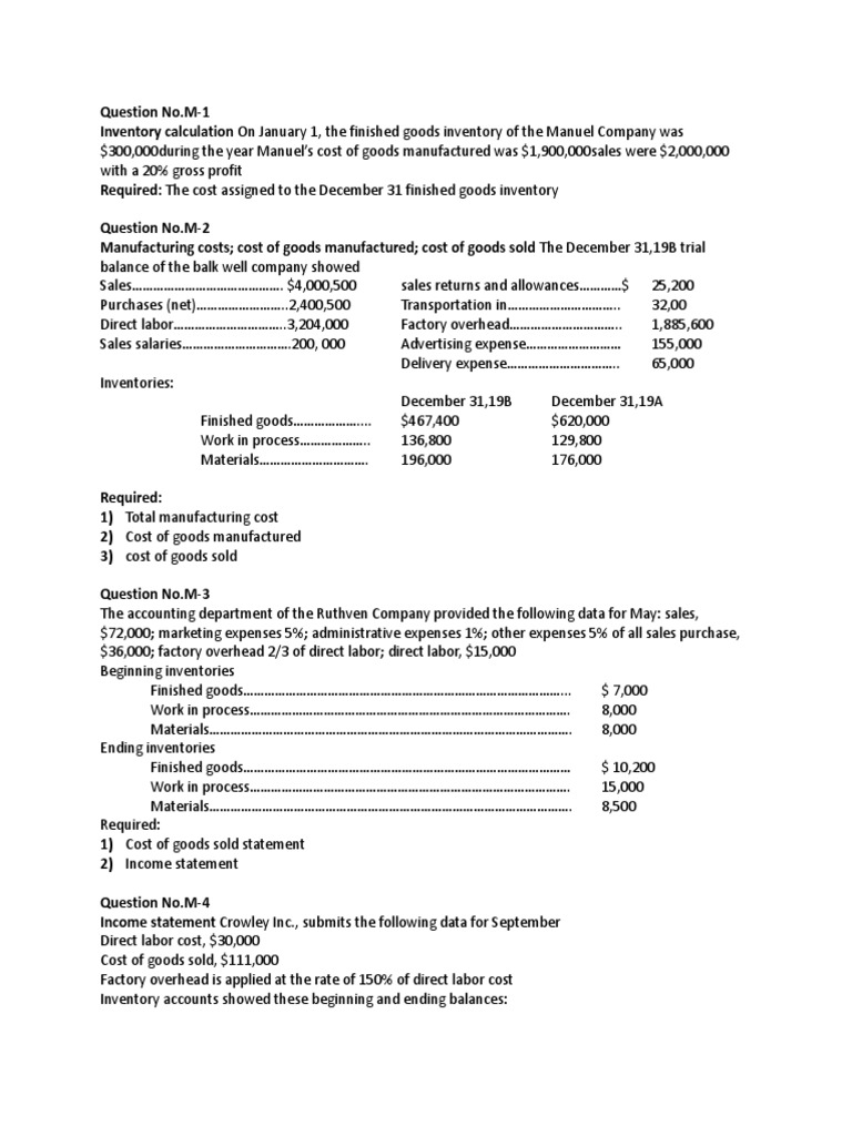Cost Accounting Questions | Cost Of Goods Sold | Inventory
