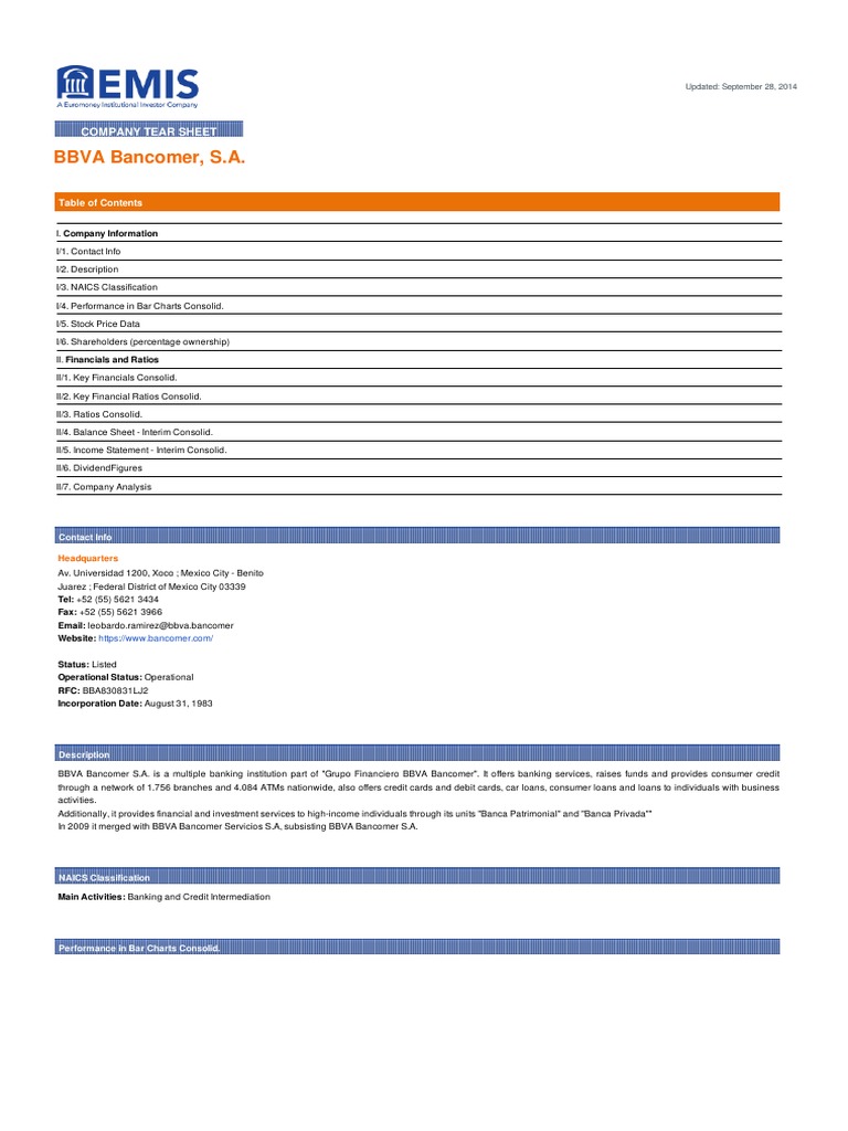 BBVA Bancomer, S.A.: Company Tear Sheet | Download Free PDF ...