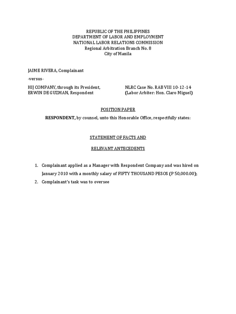 NLRC Case RAB VIII 10-12-14 Position Paper | PDF | Law