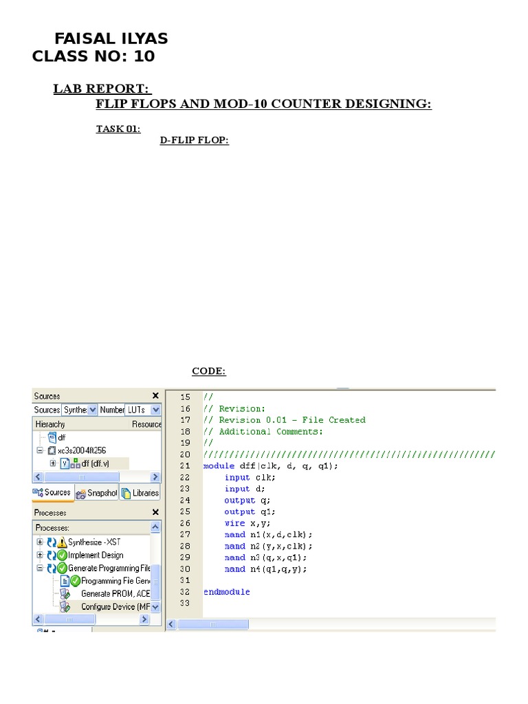 Faisal Ilyas Class No: 10: Lab Report: Flip Flops and Mod-10 Counter ...