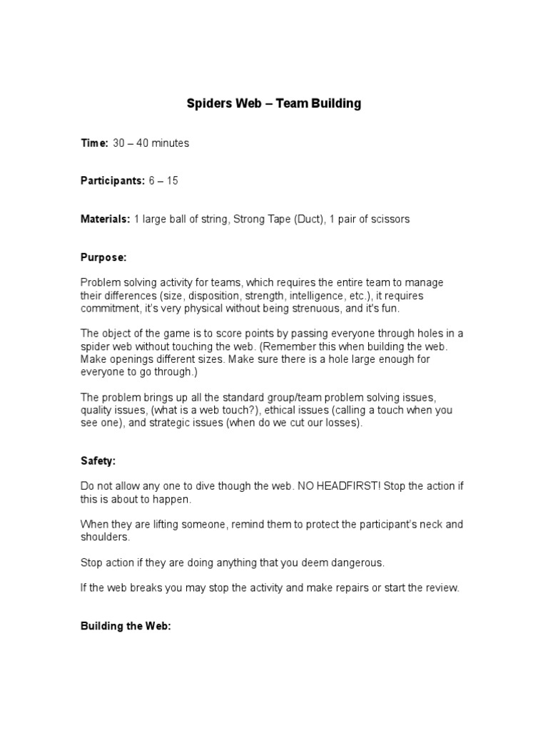 Spiders Web - Team Building: Time: 30 - 40 Minutes | PDF | Leisure | Sports
