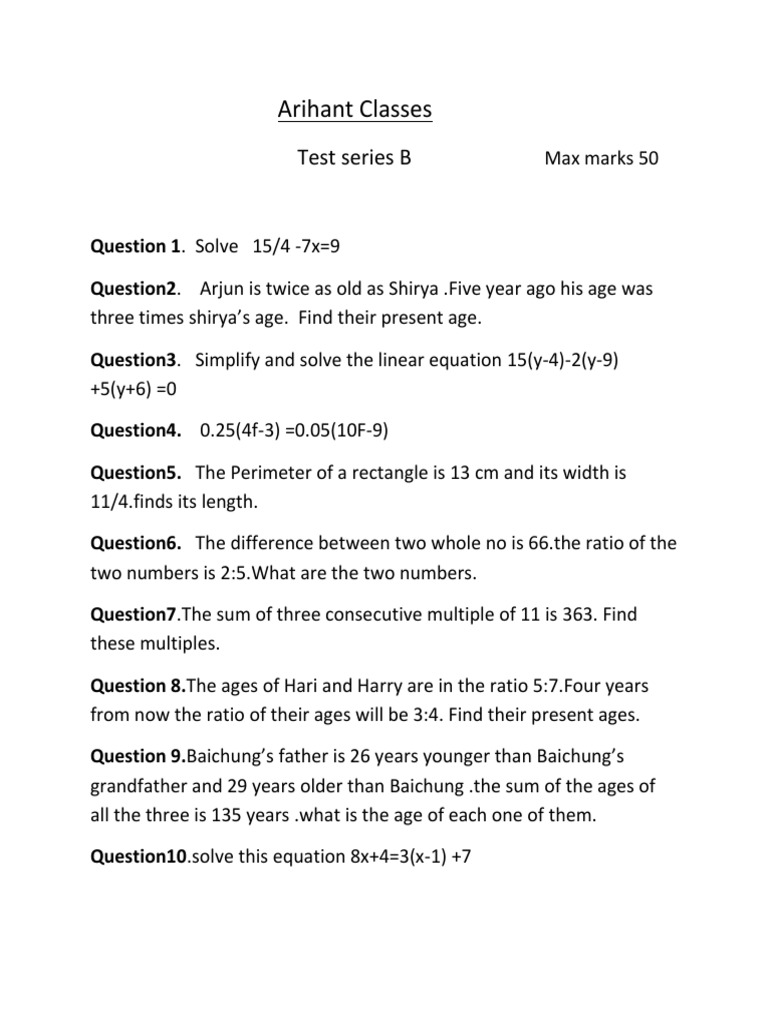 Solving Linear Equations and Age Problems | PDF