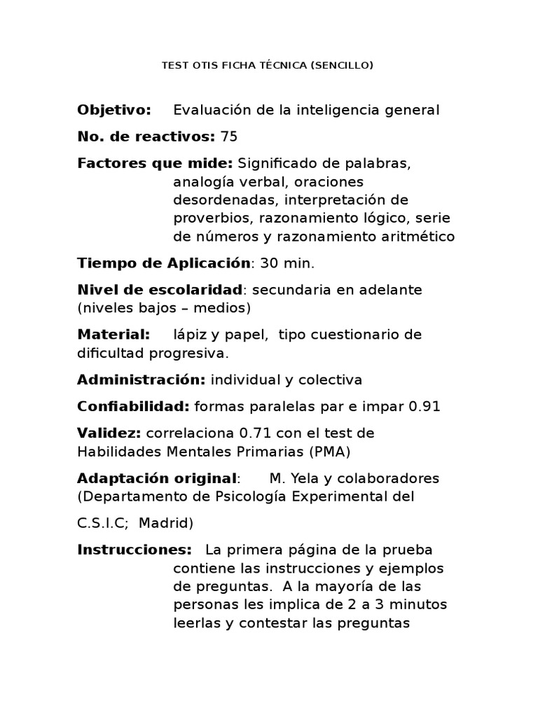 Test Otis Ficha Técnica - Otis Sencillo | PDF | Inteligencia | Pedagogía