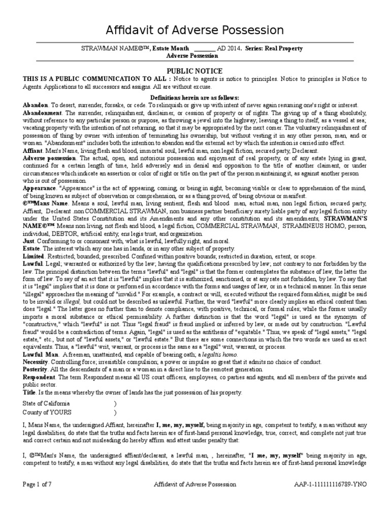 Generic Affidavit of Adverse Possession | Download Free PDF | Affidavit ...